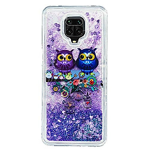 OOPKINS Glitter Liquid Case for Redmi Note 9 Pro Sparkle Floating Shiny Quicksand Clear Soft TPU Silicone Shockproof Protective Bumper Thin Cover for Redmi Note 9 Pro/9S Bling Couple Owl XY