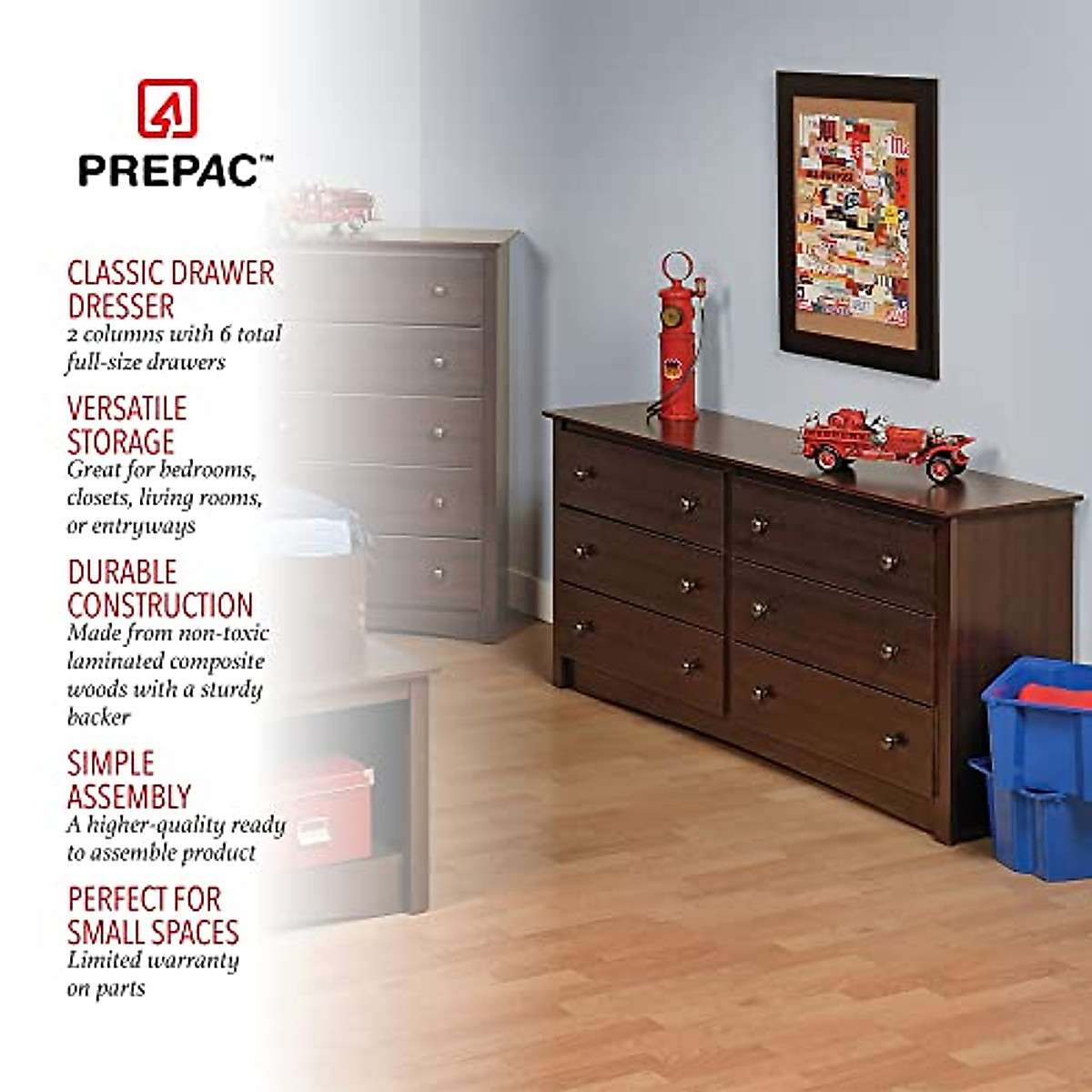 Prepac Fremont Bedroom Furniture: Espresso Double Dresser for Bedroom, 6-Drawer Wide Chest of Drawers, Traditional Bedroom Dresser, EDC-6330-V, 59"W x 17.5"D x 29"H