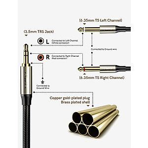 VIOY 1/8 to 1/4 Stereo Cable (6ft/2m), 3.5mm 1/8'' TRS to Dual 6.35mm 1/4" TS Mono with Brass Plating Housing Braided Audio Breakout Cable for Phones, Amp, Mixer, CD Players, Home Stereo Systems……