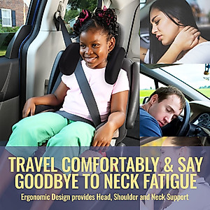 Car Seat Headrest Pillow, Head, Neck & Shoulder Support Cushion for Sleeping in The Car, Adjustable Height Cotton Car Travel Pillow for Kids & Adults, Long Distance Drives, Weatherproof - Black