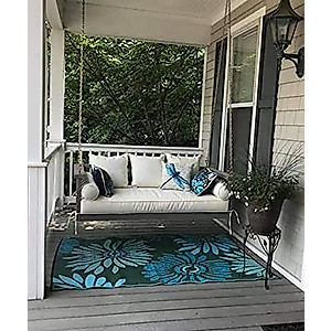 Mad Mats® Outdoor Rug, Reversible Plastic Mat for Patio, Porch, Deck, Kitchen & Bath, Daisy, 4' x 6', Aqua/Green