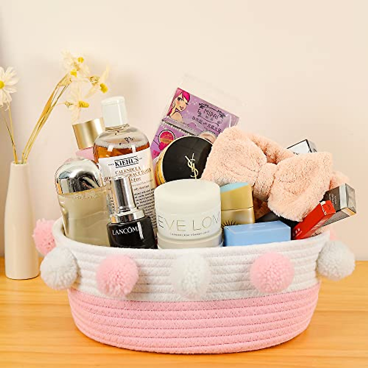 RengaoRise Small Pink Basket with Pompoms, 10.6" x 9.8" x 4.3" Oval Decorative Cute Cotton Rope Woven Baby Basket for Diapers, Towels, Hair Accessories,Toys, Gifts, Basket Empty to Fill for Baby Shower, Nursery, Birthday