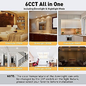 Rollin Light Canless LED Recessed Lighting 6 Inch 6 Pack 6CCT Ultra-Thin Recessed Downlight Lights with Night Light Mode, 12W 1100LM Dimmable Retrofit Wafer Recessed Ceiling Light, 2200K to 5000K