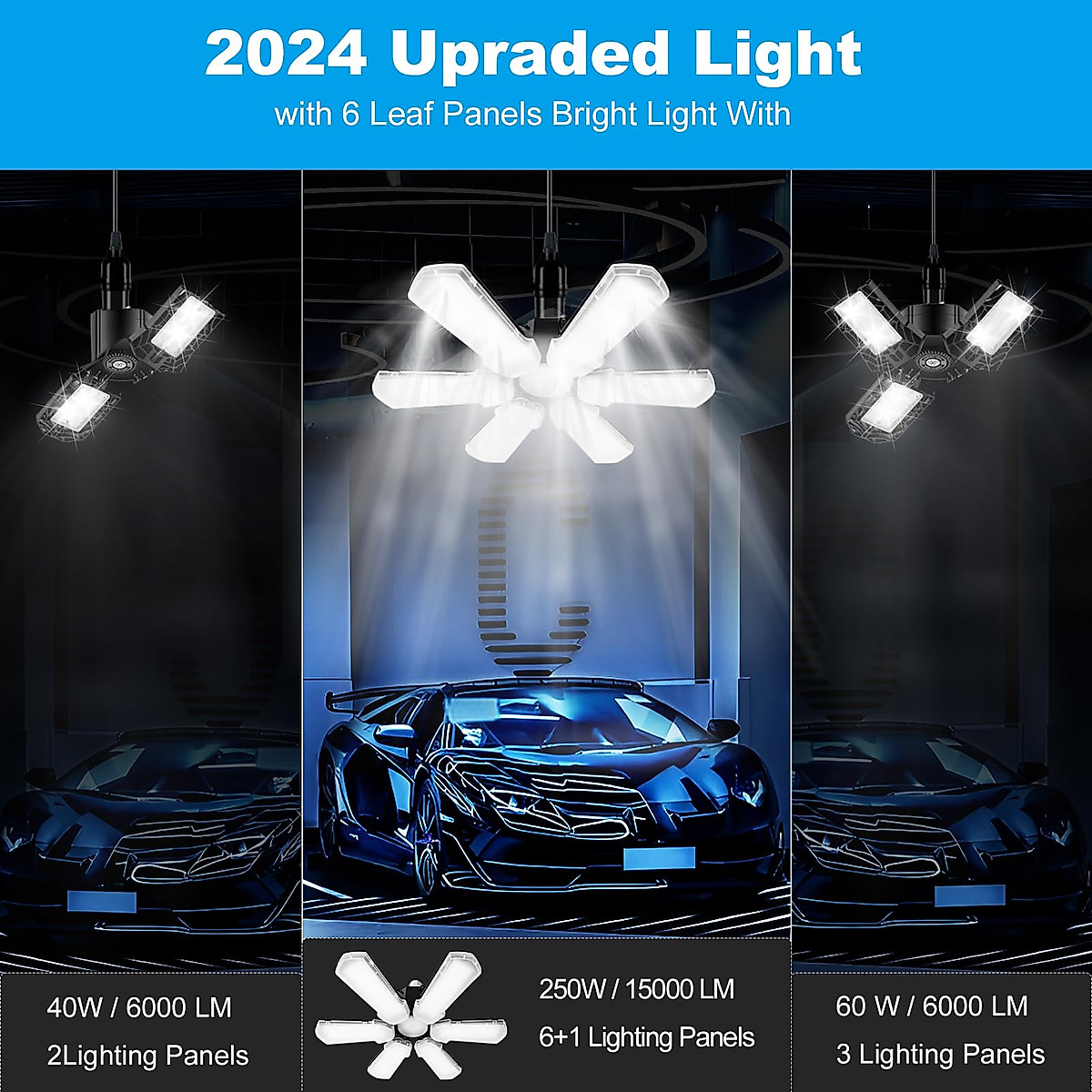 DAJOUJS LED Garage Lights 6 Pack Garage Light 250W Super Bright Deformable LED Garage Ceiling Light with 6 Adjustable Panels Led Lights for Garage Attic Barn Basement