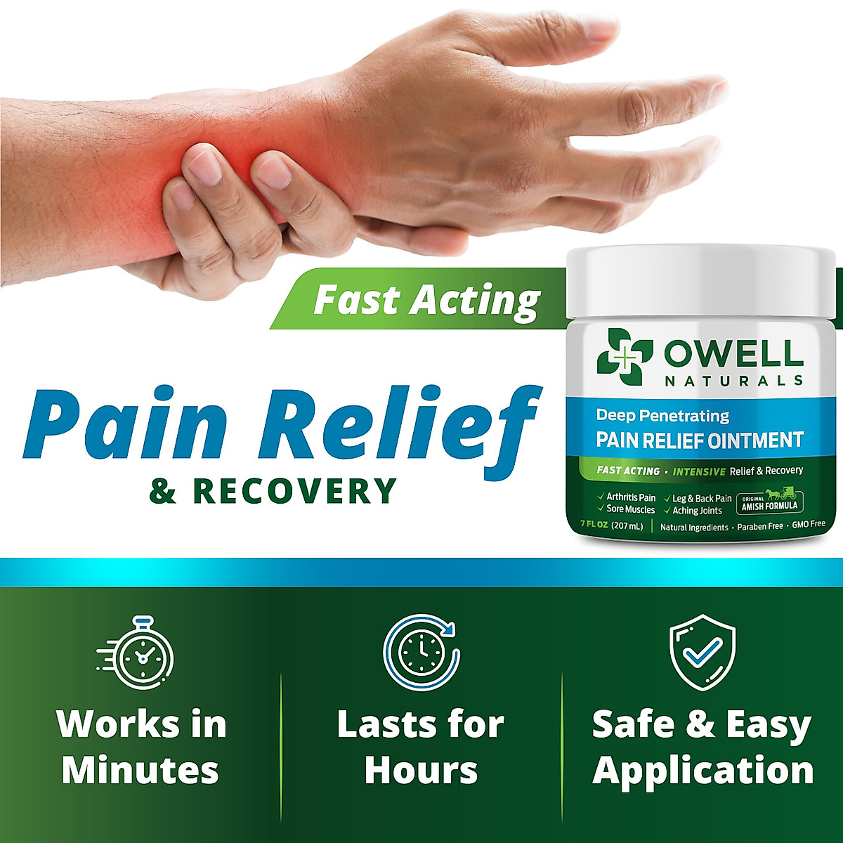 OWELL NATURALS Pain Relief Ointment - 7 oz - Maximum Strength All Natural Discomfort Reliever for Joint, Muscle, Knee, Back, Neuropathy - 5 Powerful Ingredients