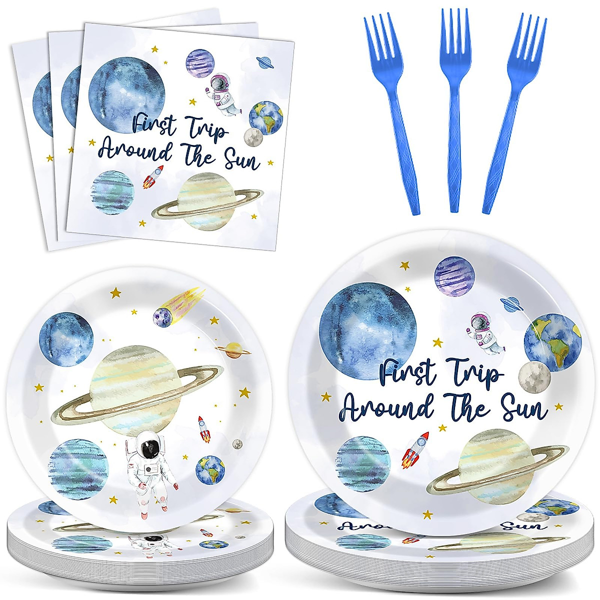 ZOIIWA 200 PCS First Trip Around the Sun Birthday Tableware Disposable 1st Space Party Supplies Outer Space Birthday Party Paper Plates Napkins Forks Baby Shower Party Decoration Serve 50 guest