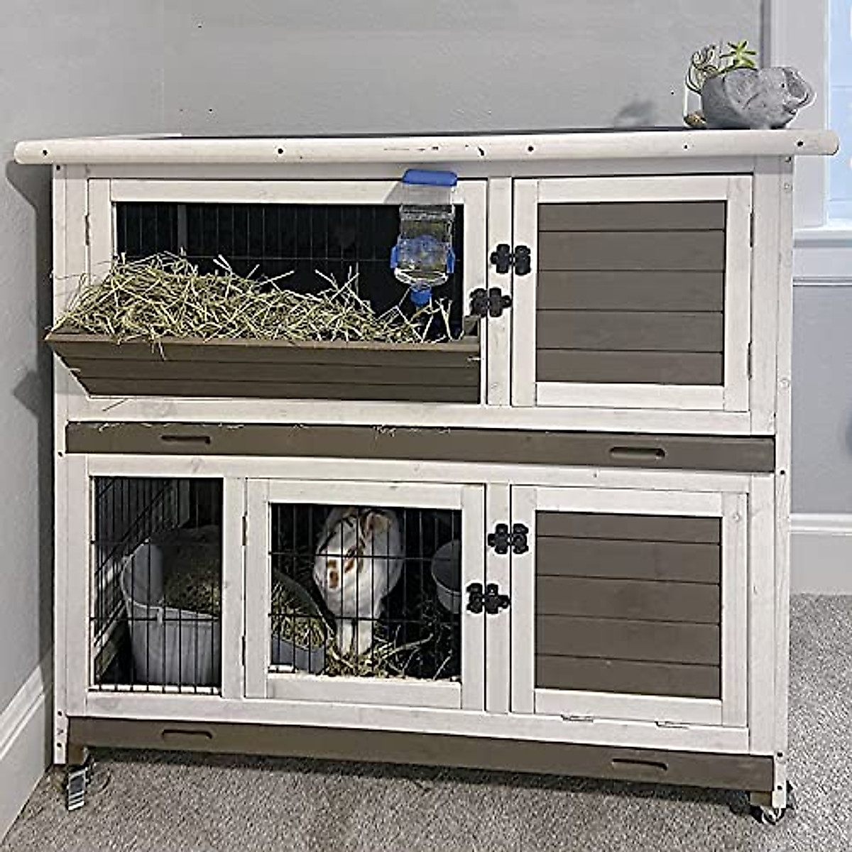 Rabbit Hutch Bunny Cage Indoor Outdoor Guinea Pig Cage with Deep No Leakage Pull Out Tray,2 Story