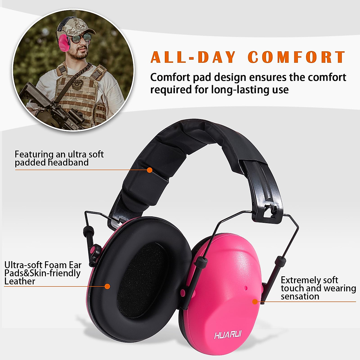 HUARUI Noise Cancelling Ear Muffs, Ear Protection Safety Earmuffs for Shooting, Noise Reduction for Adults Kids Autism Hearing Protection (Pink)