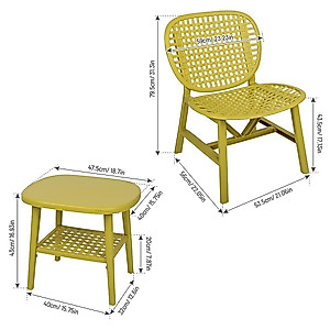 3 Pieces Hollow Design Patio Table Chair Set All Weather Conversation Bistro Set Outdoor Coffee Table with Open Shelf and Lounge Chairs with Widened Seat for Balcony Garden Yard Yellow