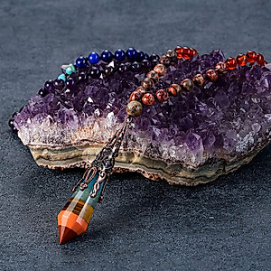 GEHECRST Natural 7 Chakra 108 Mala Prayer Beads Necklace with Reiki 12 Faceted Healing Crystal Pointed Pendant Multilayer 6mm Gemstones Beads Bracelet Mens Women Jewelry for Meditation, Protection