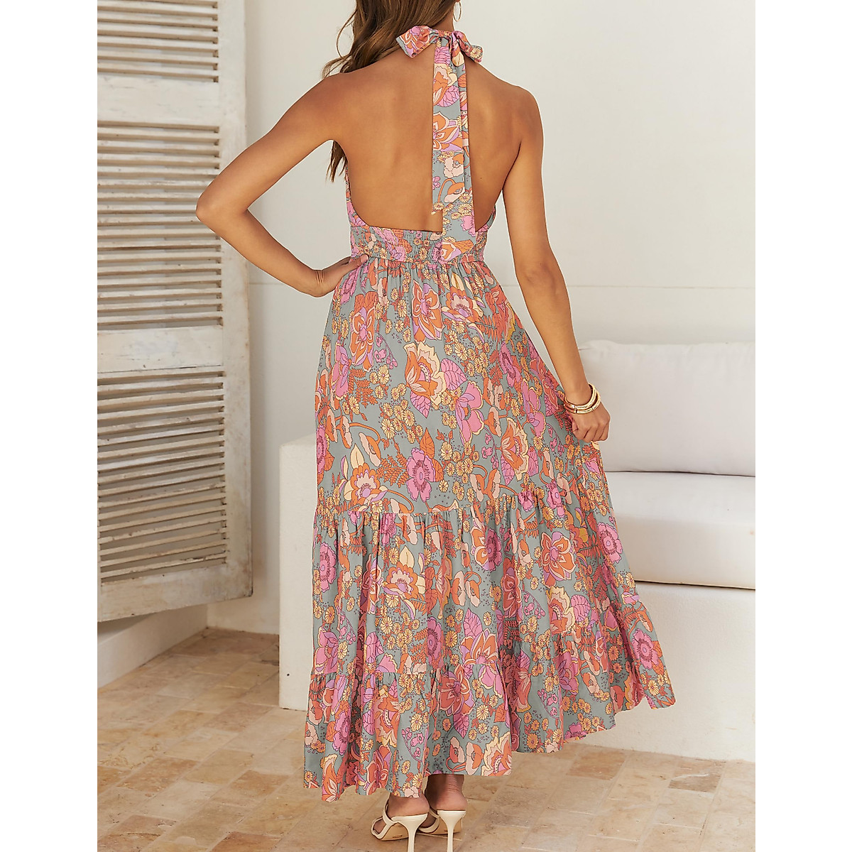 ZESICA Women's 2025 Summer Crossover Halter Neck Sleeveless Plaid Cut Out Backless Flowy A Line Maxi Dress,GreyGreen,Medium