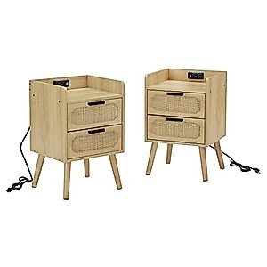 2 PC Nightstands with 2 Natural Rattan Decorated Drawers, Bedside End Table Side Table with 2 AC Outlets & 2 USB Ports, Solid Wood Legs & Particle Board Frame, Natural