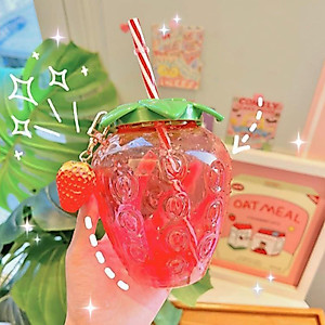 DULRLLY 17 Oz Strawberry Cups with Straw and Strawberry Pendant Kawaii Cup with Lid Portable Cute Water Bottle Mug for Gift Home Office School for Boba Tea