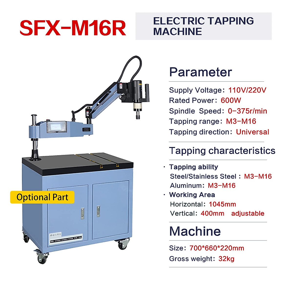 US Stock ZAC Electric Tapping Machine Flexible Arm Tapping Threading Machine (M3-M16)