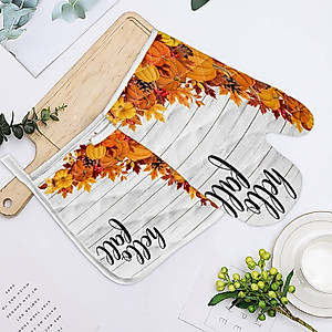 Hello Fall Oven Mitts and Pot Holder Set, Thermal Insulation Kitchen Oven Glove and Anti-Slip Potholder for Cooking, BBQ, Microwave, Grilling - Retro Farmhouse Pumpkins Leaves Wooden Grain