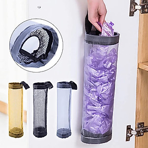 IUAIU Mesh Hanging Storage Dispenser, 3Pcs Plastic Bag Holder Breathable Mesh Hanging Storage Dispensers, Bag Holder for Plastic Bags, Foldable Breathable Storage Bag with Hook (Black-3pcs)