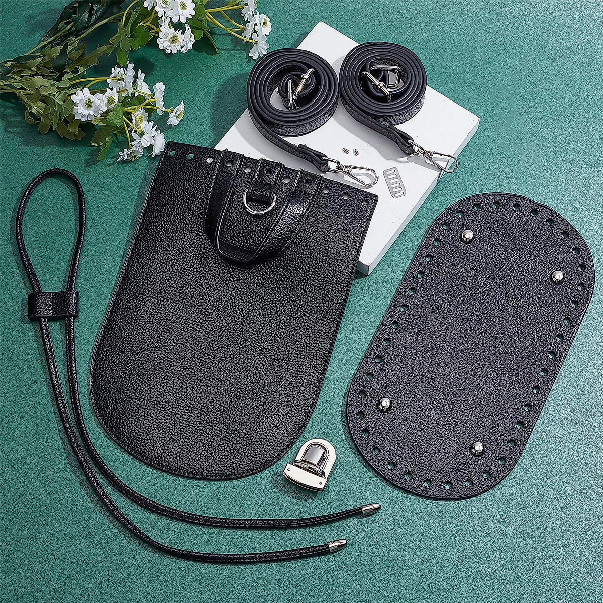 PH PandaHall Black PU Leather Backpack Making Kits DIY Knitting Crochet Bags Bag Bottom Shaper Pad Insert Cushion Base with Holes Bag Straps Clasps for Knitting Woven Bags DIY Backbag Purse