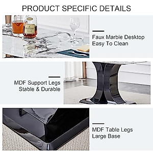 63" Glass Dining Table with White Imitation Marble Top, Kitchen Table for 4 or 6, Modern Dinner Tables with Black MDF Base, Large Dining Room Table for Dining Room/Kitchen, Easy Assembly