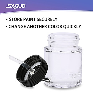 SAGUD 10pcs Glass Airbrush Bottles Kit 18cc (2/3 Ounce) Airbrush jar with 10pcs Adapter Cap Covers Set and 60° Down Angle Adaptor Lid,Fits Single Action Siphon Feed Airbrushes