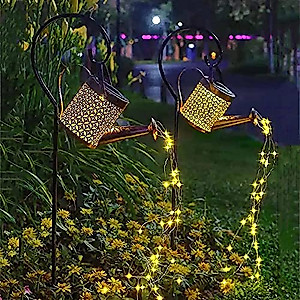 BB&UU Metal Garden Stake Lights,Outdoor Solar Garden Lights,Pathway Hollow Watering Can Solar Light,Decorative Fairy String Light Art Hanging Kettle Lantern-A 15.5x80cm(6x31inch)
