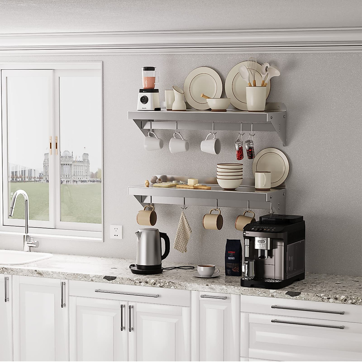 RIEDHOFF Metal Multifunctional Storage Rack with Backplash for Kitchen, [NSF Certified] 12" x 24" Stainless Steel Wall Mount Shelf with 5 Hooks for Hanging Pots, Pans,cookware in Home and Restaurant