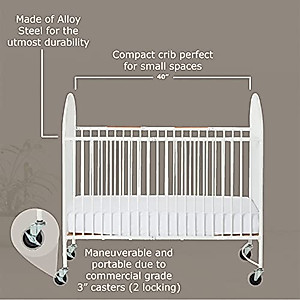 Foundations Pinnacle Folding Steel Crib, Portable Baby Crib with Commercial Grade 3" Casters, Heavy Duty Steel Hotel Crib, Includes 4 Inch Foam Mattress, White