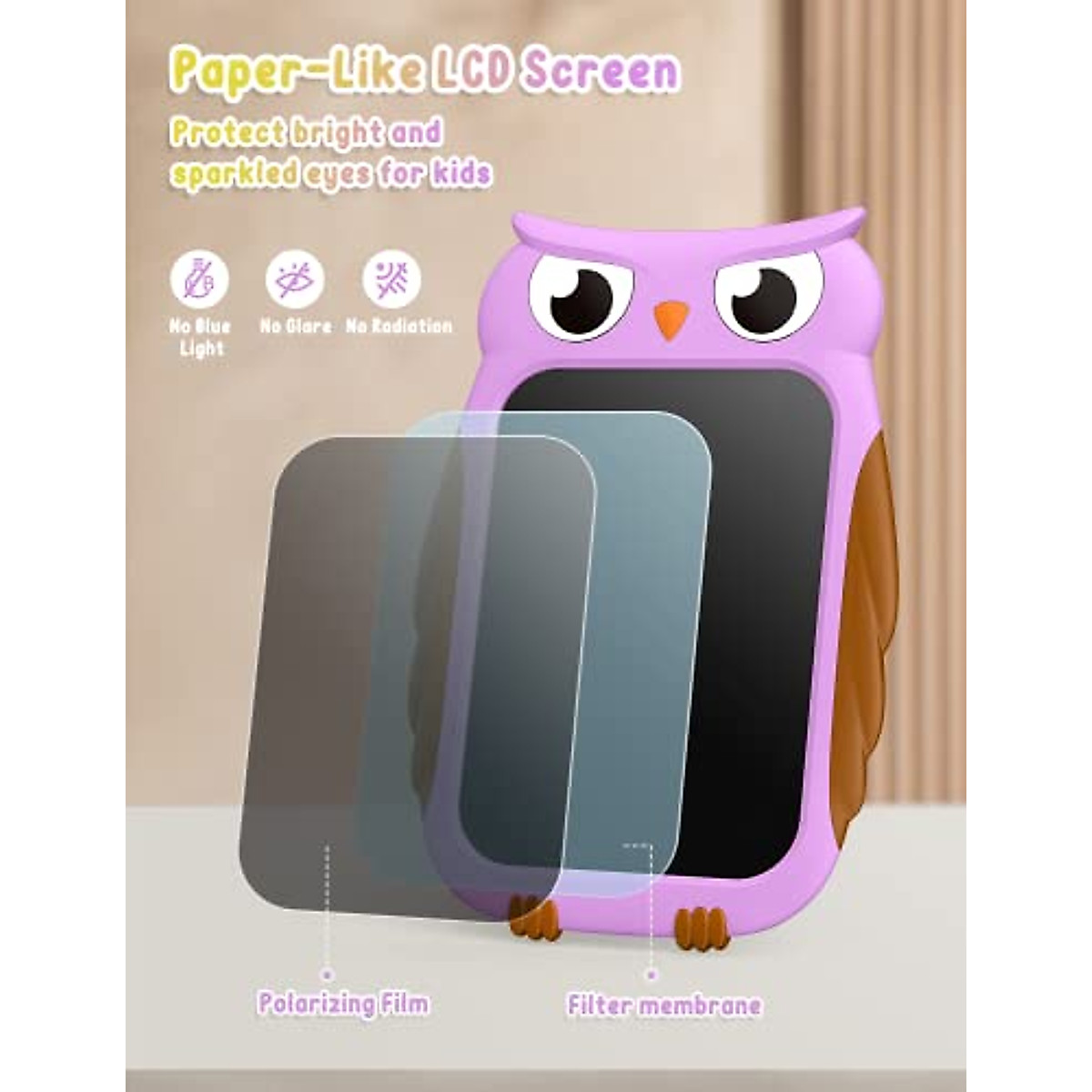 TECJOE Owl LCD Drawing Tablet, 8.5 Inch Colorful Toddler Doodle Board Drawing Tablet, Erasable and Reusable Electronic Drawing Pads, Educational and Learning Toy for 3-6 Years Old Boys, Gift (Purple)