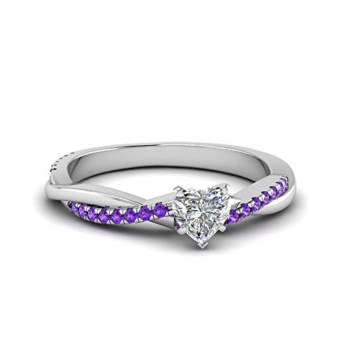 55Carat Choose Your Gemstone 925 Sterling Silver Infinity Twist Diamond Ring Natural Amethyst Heart Shape Purple Color Side Stone Engagement Rings in Size 12 with Pave Setting