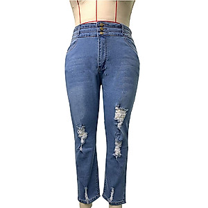 ALLABREVE Women's Plus Size Stretch Skinny Ripped Jeans, 3 Button Hight Rise Slim Fit Washed Denim Jegging, Girlfriend Distressed Tight Jean Pants (Dark Blue, 2XL)