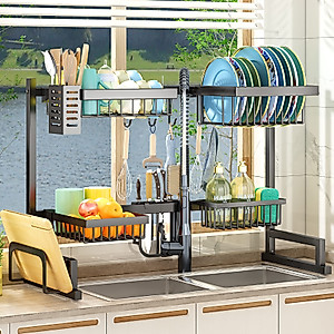 SAYZH Over The Sink Dish Drying Rack, 2 Tier Width Adjustable (33"~41") Dish Rack with Utensil Holder Kitchen Drainer Countertop Organizer Black