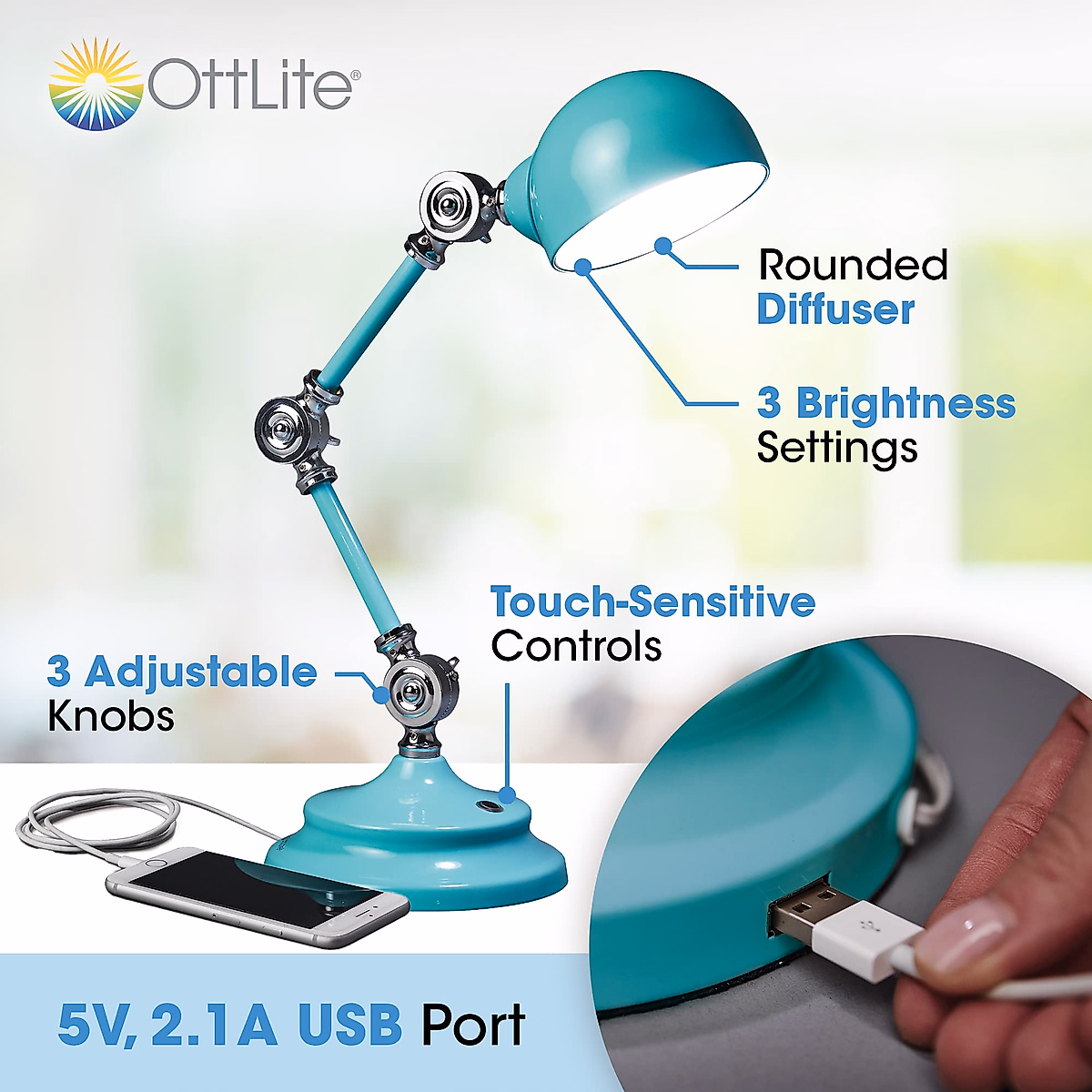OttLite Revive LED Desk Lamp with ClearSun LED Technology, Turquoise – 3 Brightness Settings, Touch Activated Controls, USB Charging Port & 3 Adjustable Knobs for Precise Lighting - Great for Reading