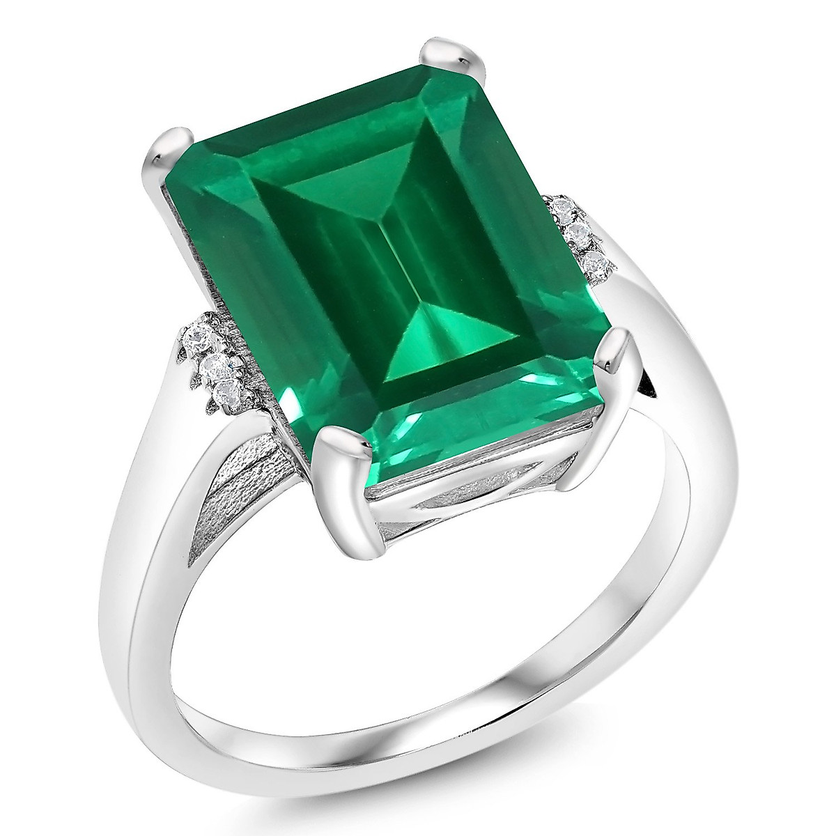 Gem Stone King 6.57 Cttw Green Simulated Emerald Engagement Ring For Women In 925 Sterling Silver | Emerald Cut 14X10MM | Available In Size 5, 6, 7, 8, 9