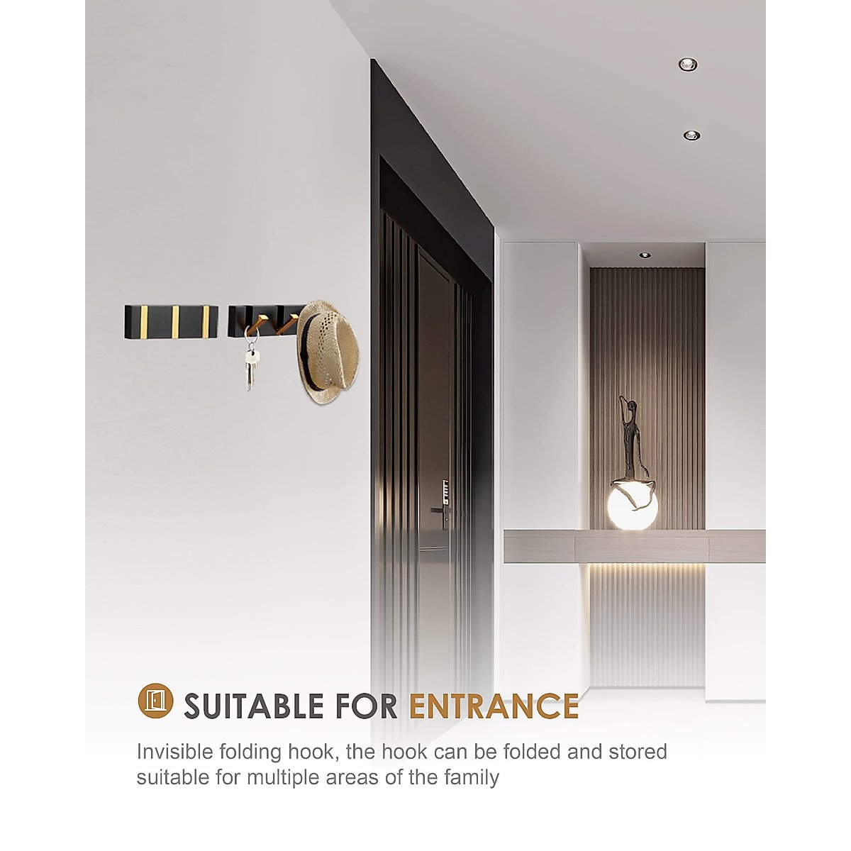 2 Pack，Watertight Black Gold Towel Hooks，Folded Invisible Coat Wall Hooks，Bathroom Towel Hook for Wall，Black Matte Minimalist Towel Hooks，Key Hooks for Wall，Door Robe Hooks，Also for Kitchen，Balcony.