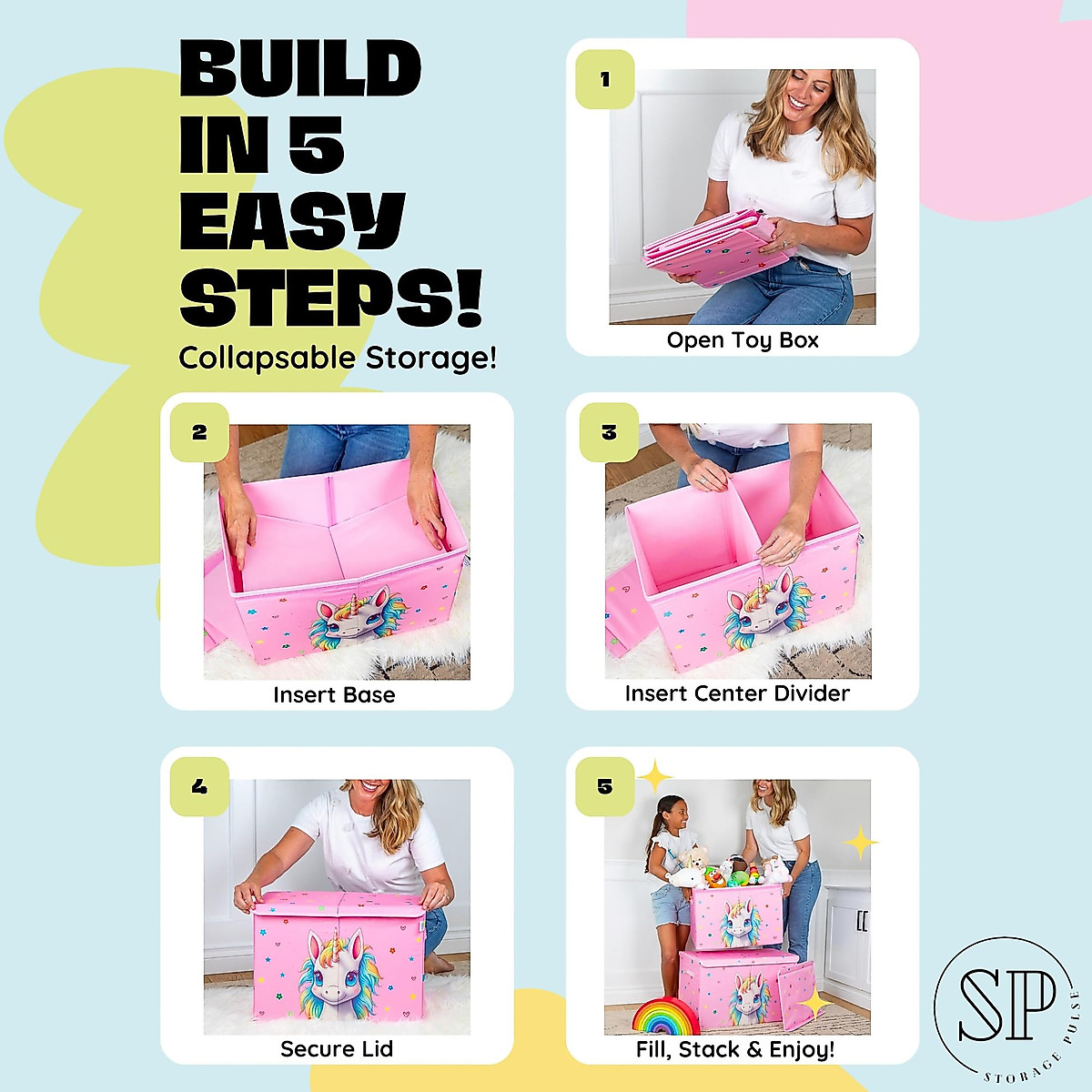 2 pcs of Collapsible/Stackable Toy Storage Organizer, Bins, Large Toy Boxes for Kids, Girls’ Room, Nursery, Playroom with Lids and Handles (Unicorn, Pink)