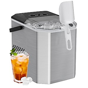 Silonn Stainless Steel Ice Maker Countertop, Stainless Steel Portable Ice Machine with Carry Handle, Self-Cleaning Ice Makers with Basket and Scoop, 9 Cubes in 6 Mins, 26 lbs per Day