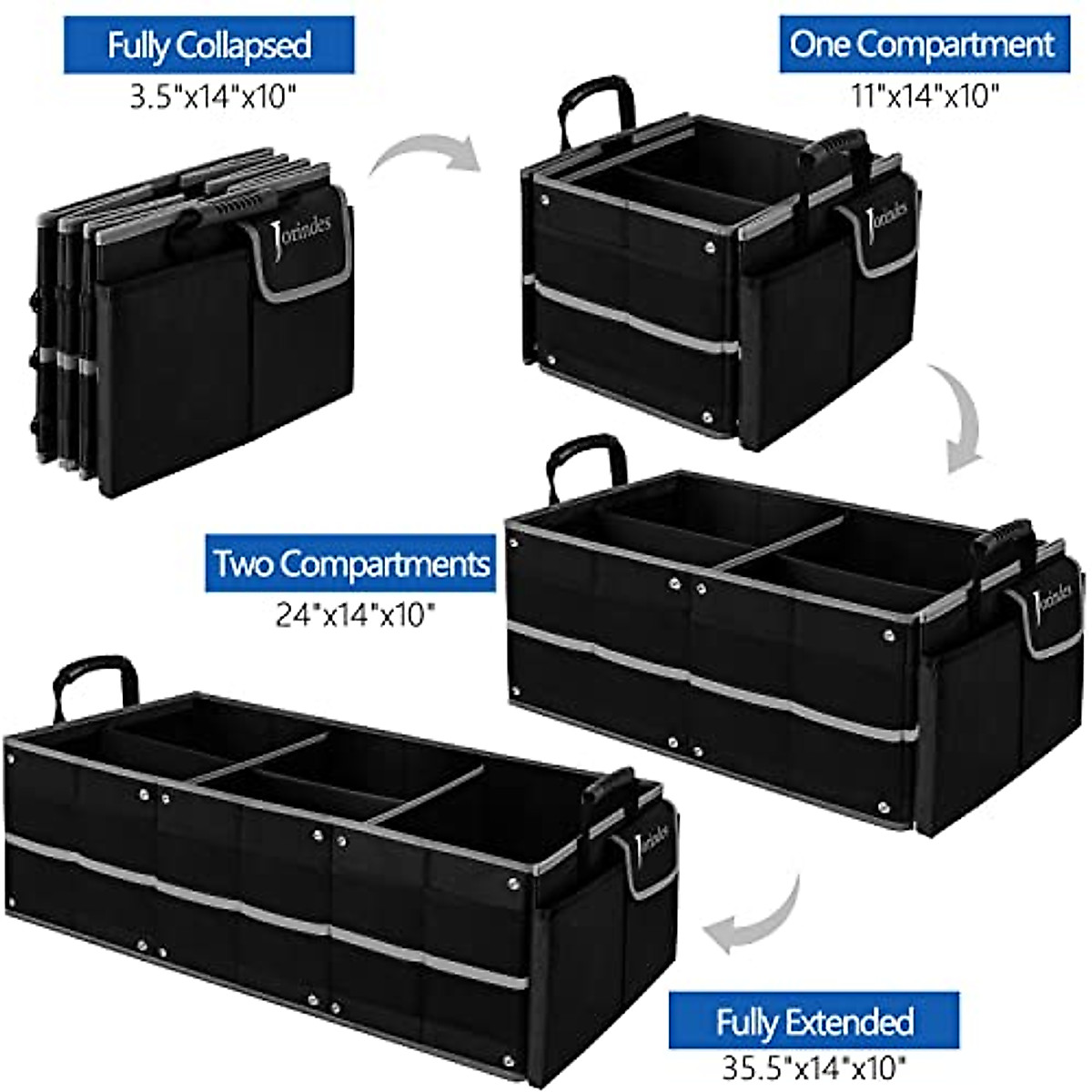 Jorindes Trunk Organizer With Reflective Stripe For Car,Cargo Organizer For Suv With Non Slip Bottom Strips,3 Large Compartments Foldable Waterproof Portable Car Storage Box,2 Tie-Down Straps