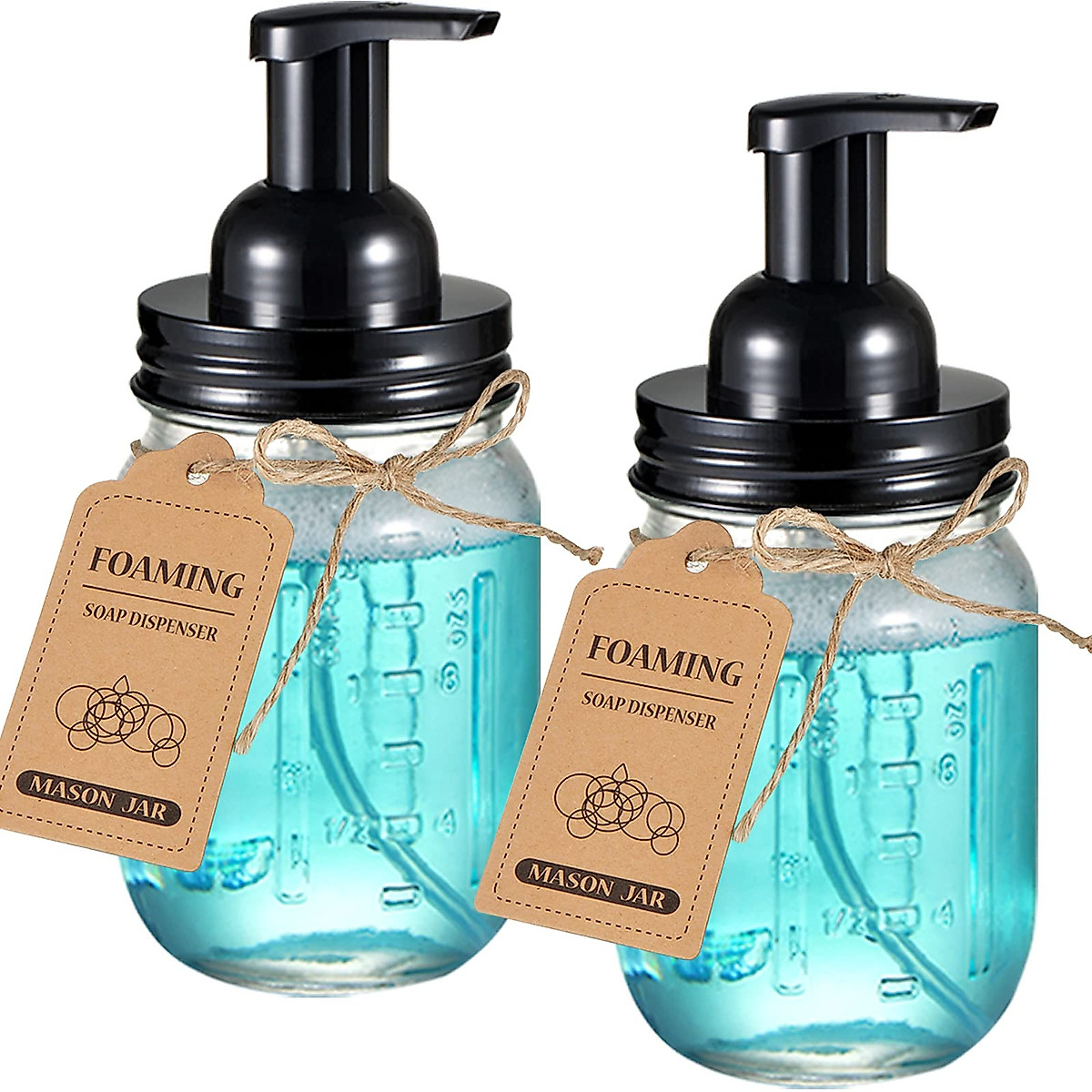 SheeChung Mason Jar Foaming Soap Dispenser - Rustproof Stainless Steel Lid&Foaming Soap Pump,Best Hand Foam Soap Dispenser Glass for Bathroom Vanities or Kitchen Sink,Countertops - Black (2 pk)