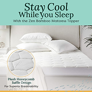 Zen Mattress Pad Cover - Cooling Bed Topper & Waterproof Protector w/Deep Pockets, King Size, White