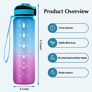 EYQ 32 oz Water Bottle with Times Marker, Carry Strap, Leak-Proof Tritan BPA-Free, Ensure You Drink Enough Water for Fitness, Gym, Camping, Outdoor Sports (Green/Purple Gradient)