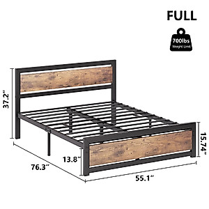GAOMON Full Size Bed Frame Platform with Headboard, Industrial 14 inch Full Bedframe No Box Spring Needed, Easy to Assemble Noise Free Full Mattress Foundation, Retro Brown