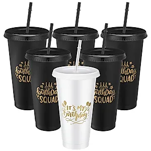 Jingmore Birthday Party Tumblers 24 oz Birthday Squad Plastic Tumblers with Lid and Straw for 20th 30th 40th 50th 60th Birthday Decorations Party Favor for Women Adults(White, Black,6 Pcs)