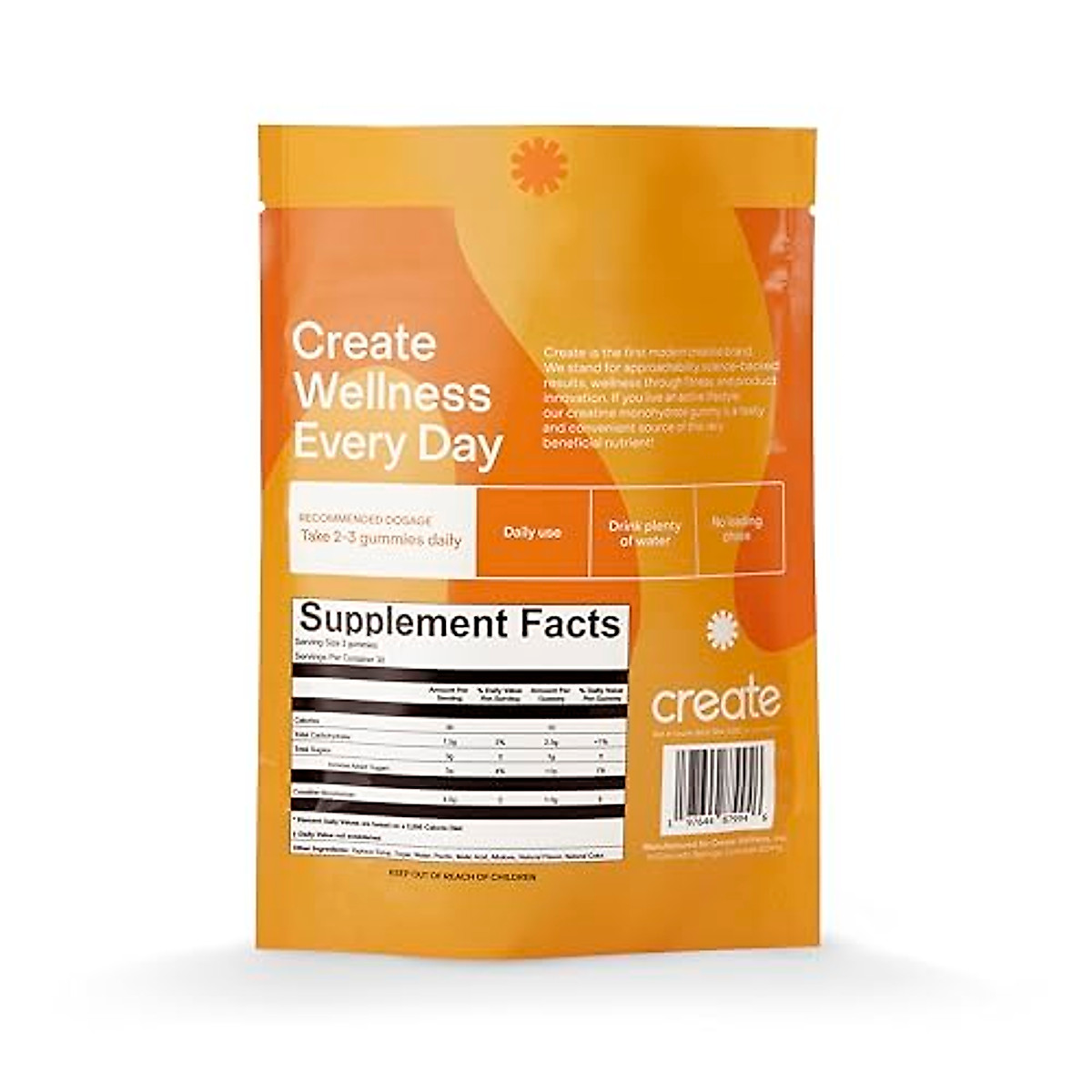 Create Creatine Monohydrate Gummies for Men & Women, Boost Focus, Strength, and Endurance, Anti-Melting Formula, Vegan, Gluten-Free, Non-GMO, 1.5g of Creatine per Gummy (Orange, 90ct)