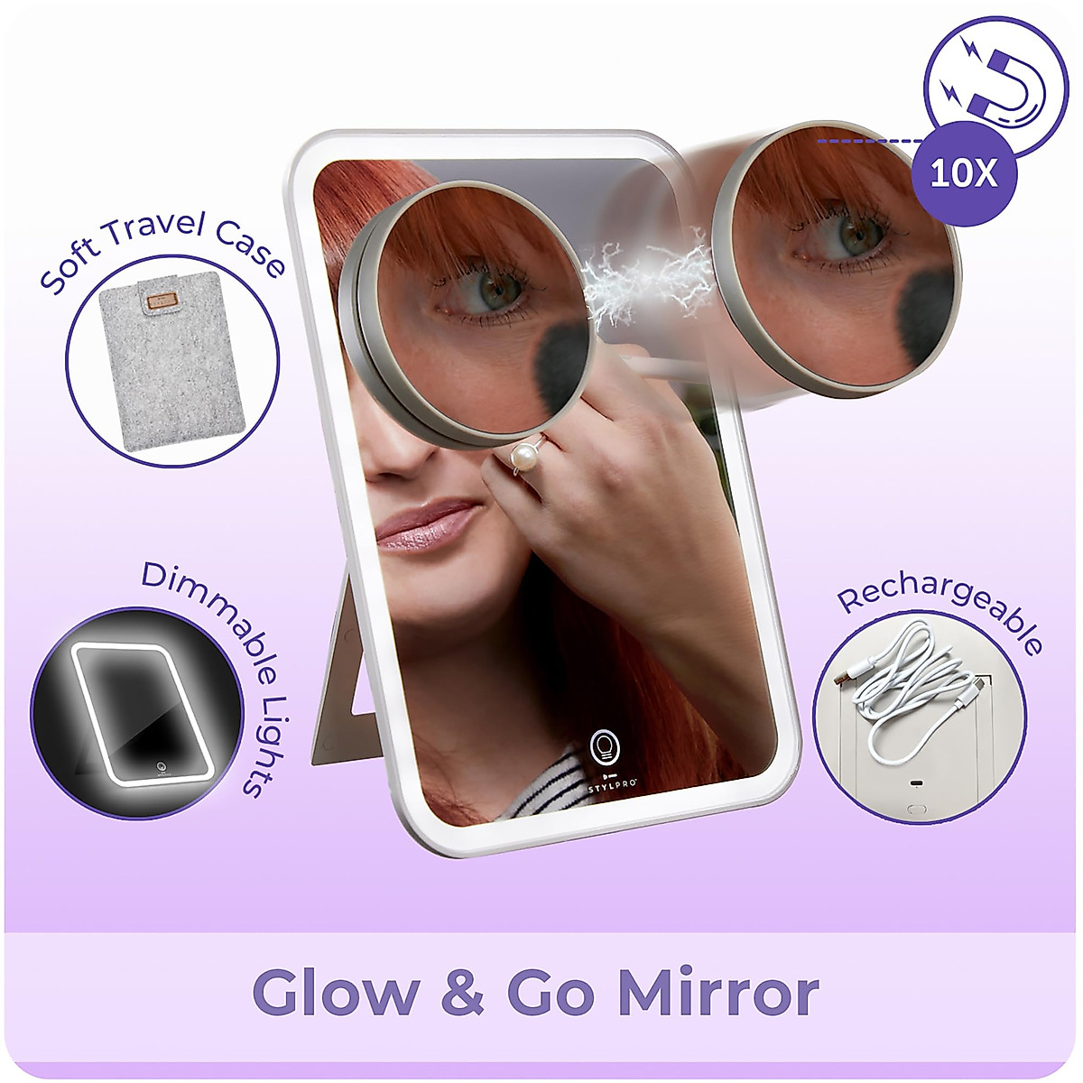 stylPro Stylideas Glow and Go Travel Mirror - Makeup Mirror with Lights Perfect for Hair Styling - USB Rechargeable - with Protective Sleeve - 1 pc.