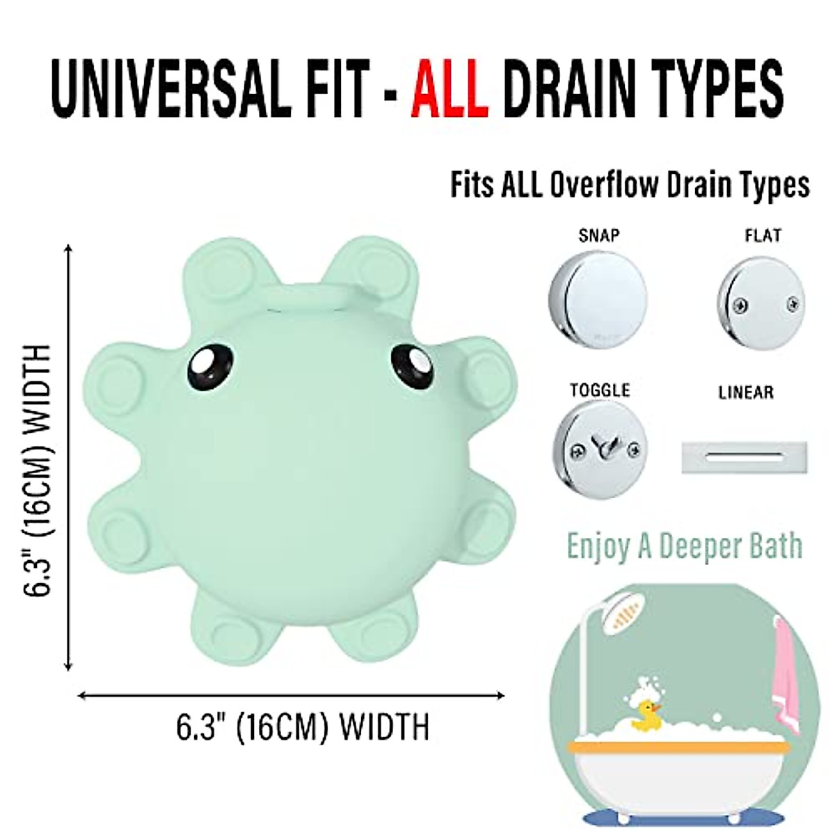 Bathtub Overflow Drain Cover Tub - Silicone Bathroom Overflow Drain Cover, Bath Tub Overflow Cover, Bathroom Spa Accessories, Adds Inches of Water for Deeper&Warmer Bath，Aqua Green