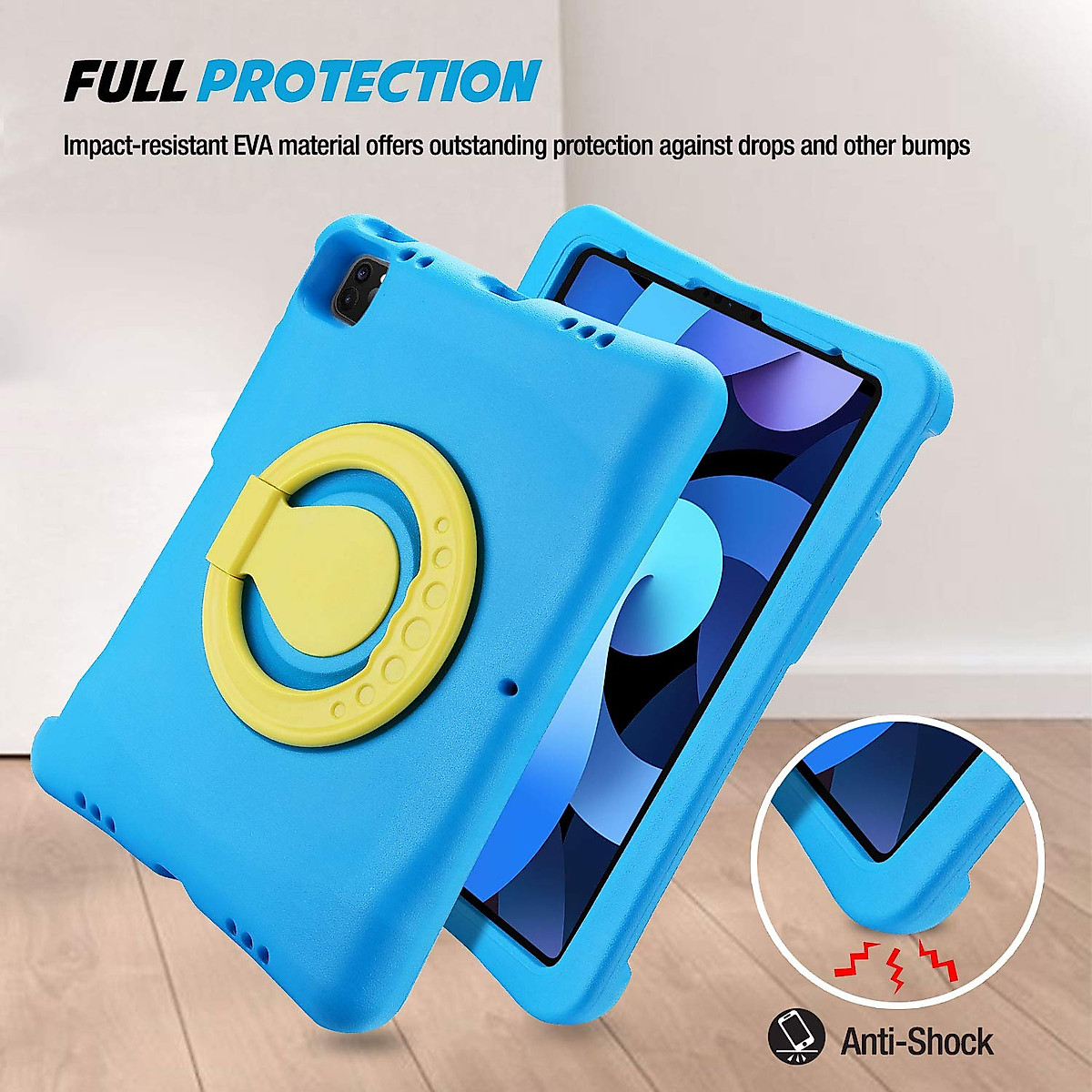 ProCase Kids Case for iPad Air 10.9" 5th Gen 2022/4th Gen 2020/iPad Pro 11 2020/2018, Shockproof Rotate Handle Fold Stand Lightweight Kids Friendly Case –Blue