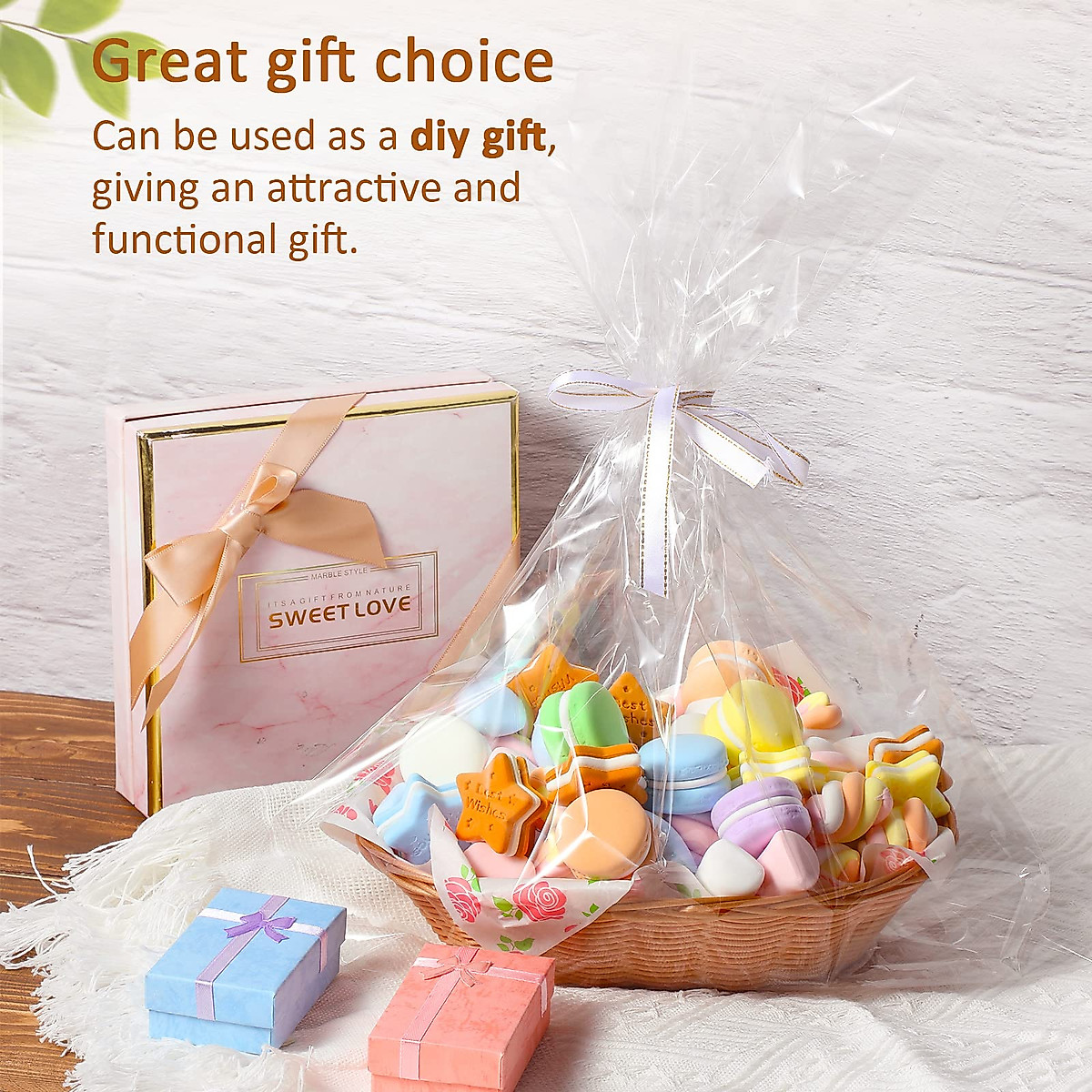 Chengu 9 Pieces Christmas Plastic Baskets for Gifts Empty Oval Basket with 10 Clear Bags Food Storage Basket Woven Empty Basket Gift Baskets for Christmas Party Gift Home Food Serving Storage Display