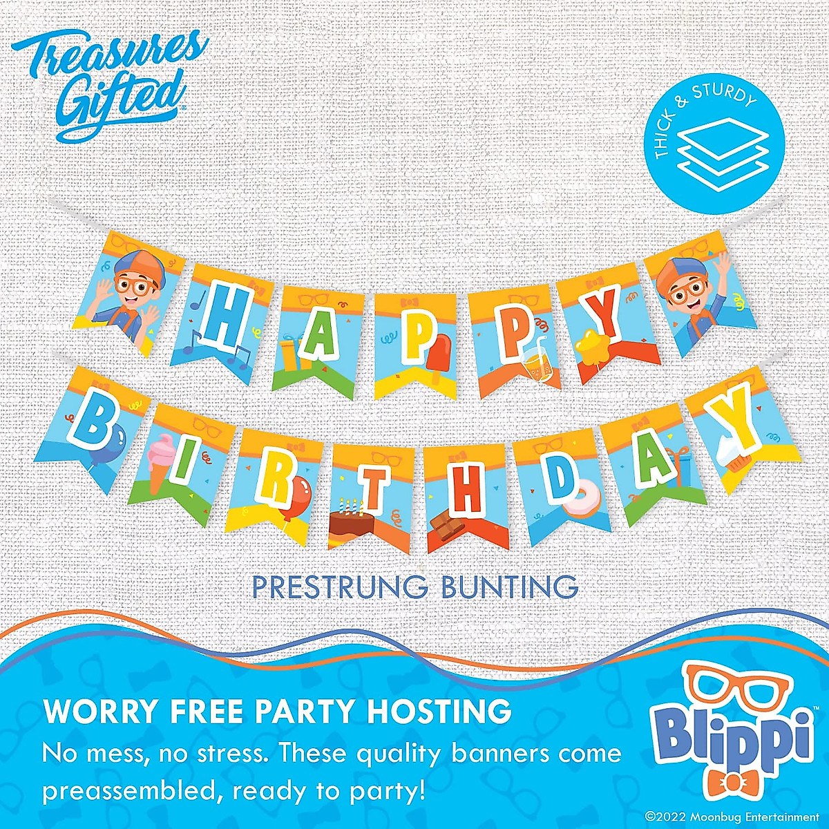 Treasures Gifted Officially Licensed Blippi Banner - Blippi Happy Birthday Banner - Blippi Birthday Party Supplies - Blippi Party Decorations - Blippi Birthday Banner - Blippi Party Supplies