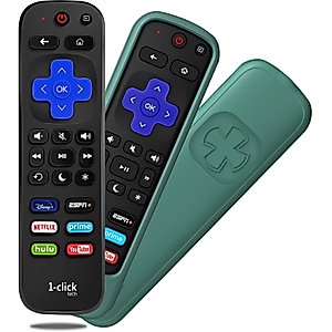 1-ClickTech Remote for Roku TV & Box [2-in-1 w/TV Power+Volume] - Compatible for Roku Express+/+, Ultra, Premiere, Streambar, 4/3/2/1 (Remote + Pine Green Cover)