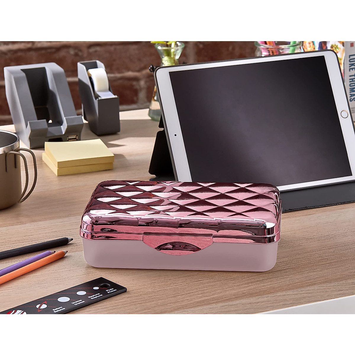 It's Academic Metallic Pencil Case Box, Hard Plastic, Stylish Quilted-Pattern Lid, 3-Pack