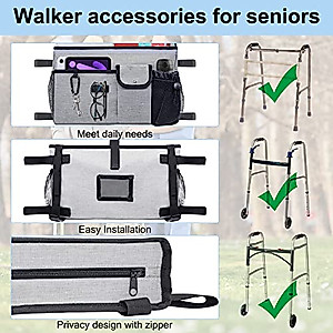 TYTCA Large Walker Bag Walker Basket Hand Free Storage Bag Folding Walker Attachment Handicap Basket Pouch for Large Capacity Organizer for Seniors Elderly (Grey)